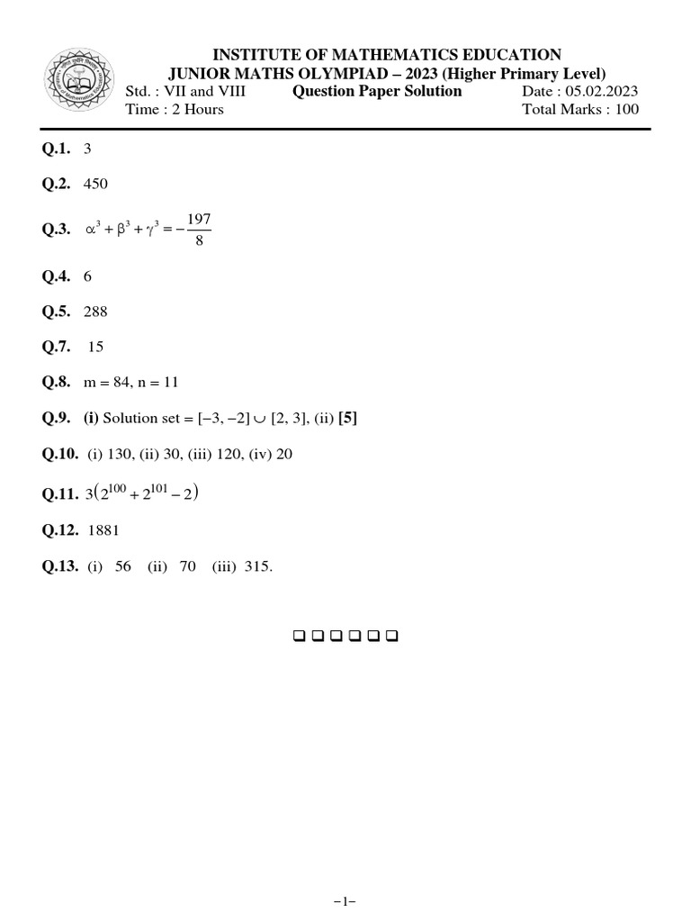 JMO 2023 Question Paper Solutions | PDF