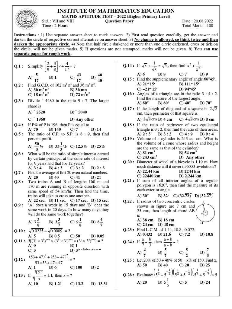 MAT 2022 7 8 Question Paper | PDF | Geometric Shapes | Euclidean Plane ...