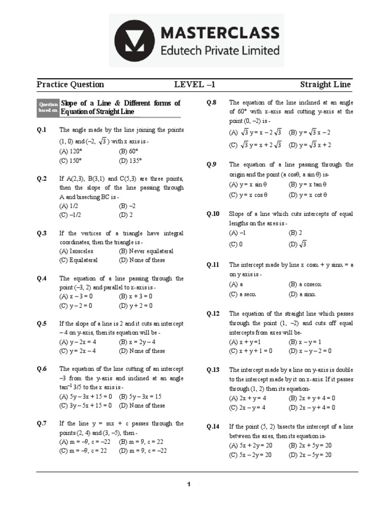 Practice Question Level - 1 Straight Line: Slope of A Line & Different ...