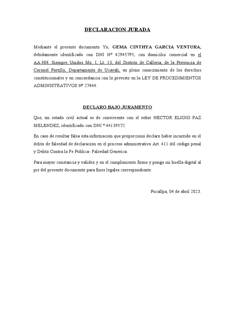Declaracion Jurada De Estado Civil Pdf
