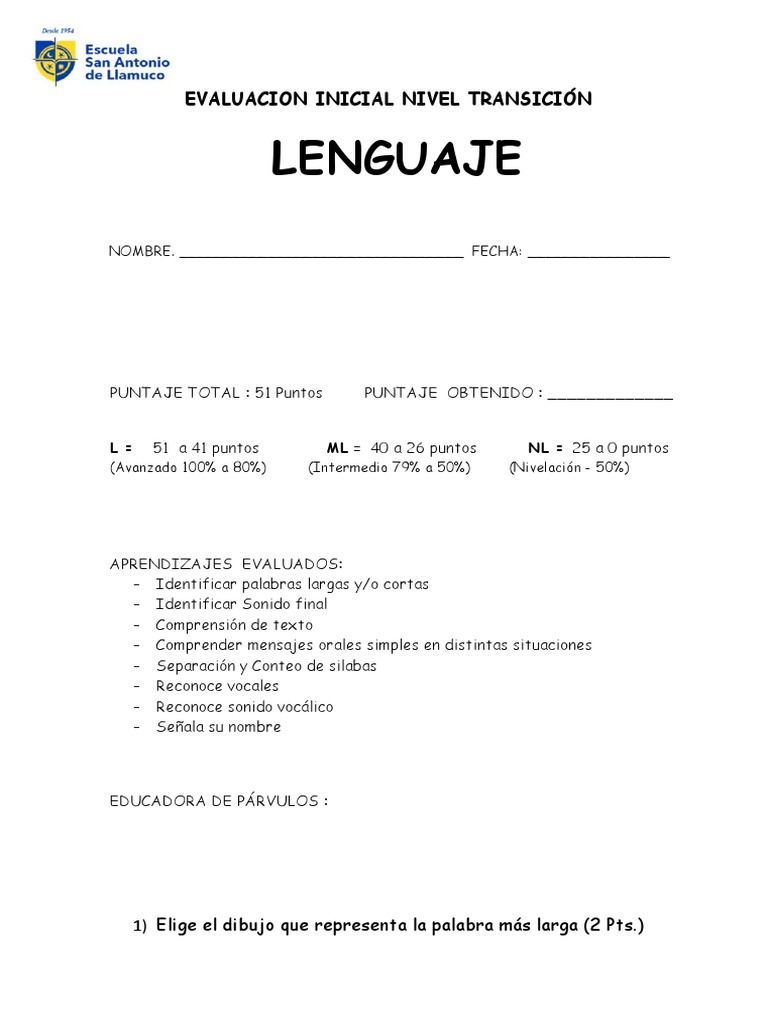 ANEXO 1 EVALUACION INICIAL Lenguaje NIVEL TRANSICIÓN II | PDF