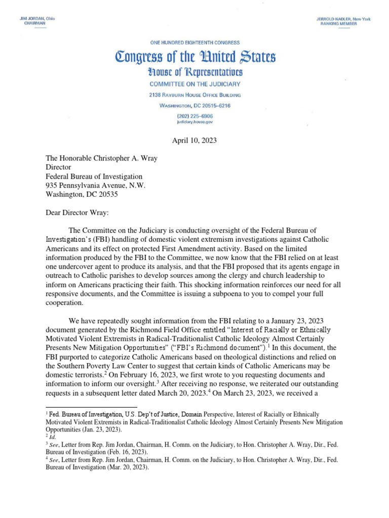 See, Letter From Rep. Jim Jordan, Chairman, H. Comm. On The Judiciary ...
