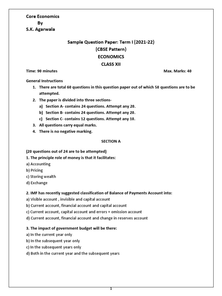 Class 12 Core Economics Sample Paper | PDF | Money | Balance Of Payments