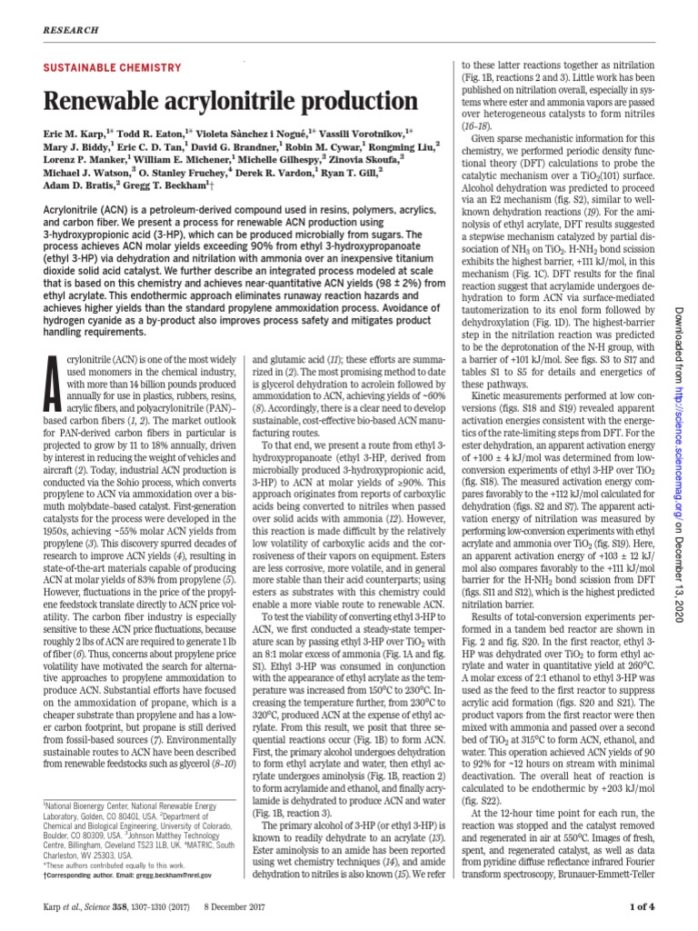 Renewable Acrylonitrile Production | PDF | Catalysis | Ethanol