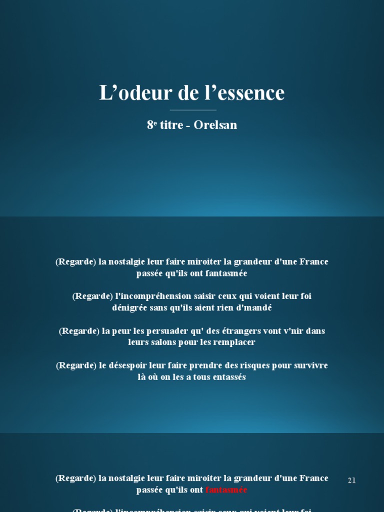 Présentation Orelsan Analyse L'odeur de L'essence | PDF