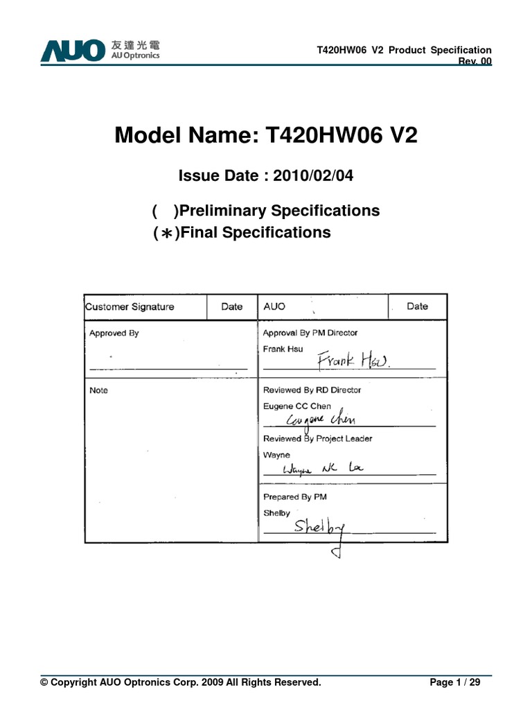 Model Name: T420HW06 V2: Issue Date: 2010/02/04 Preliminary ...
