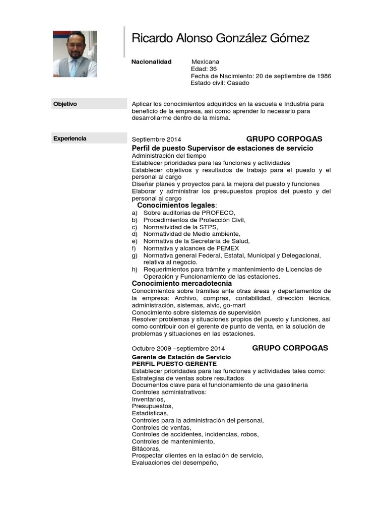 Curriculum Ricardo Alonso Gonzalez | PDF | Presupuesto | Estación de servicio