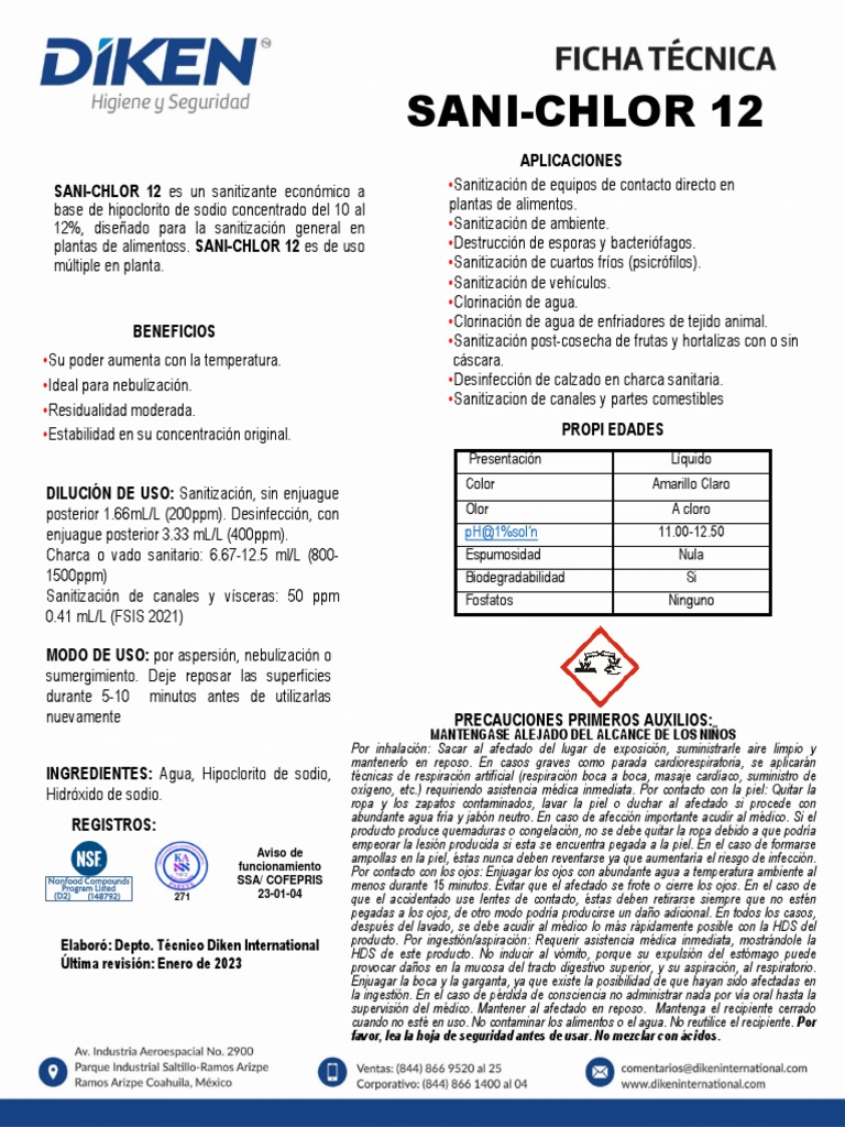 Sani-Chlor 12 Ficha Técnica | PDF | Agua | Medicina CLINICA