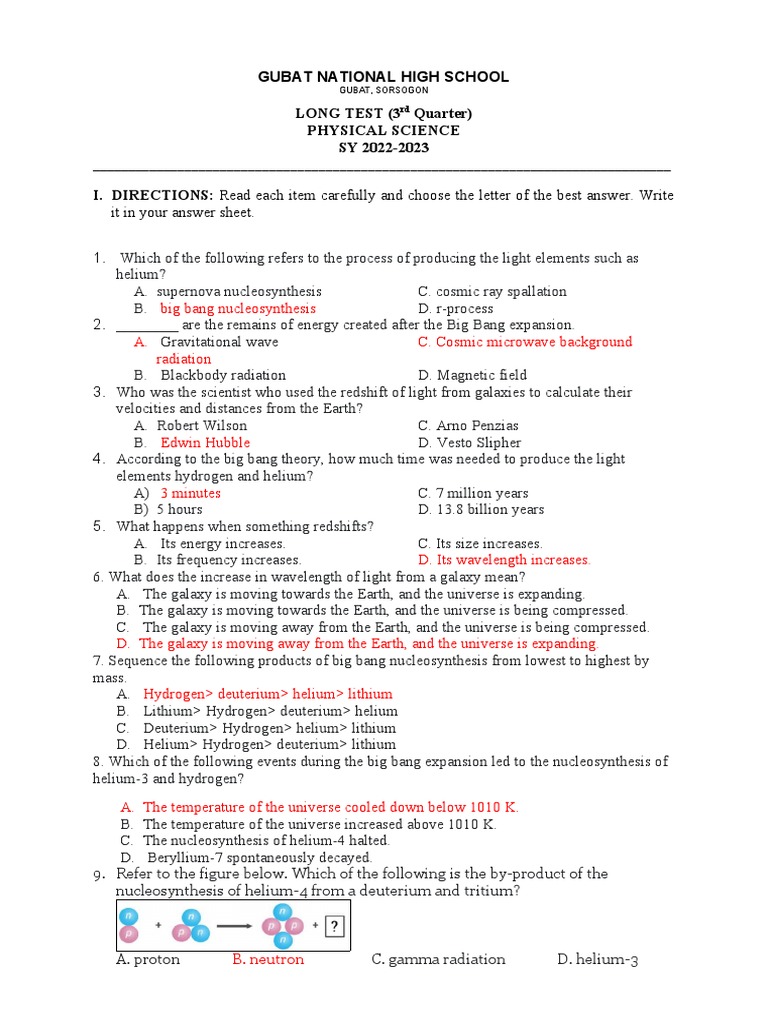 Grade 12 Physical Science Long Test | PDF | Big Bang | Physical Sciences