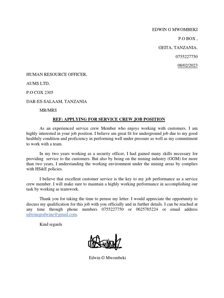 Ref: Applying For Service Crew Job Position | PDF