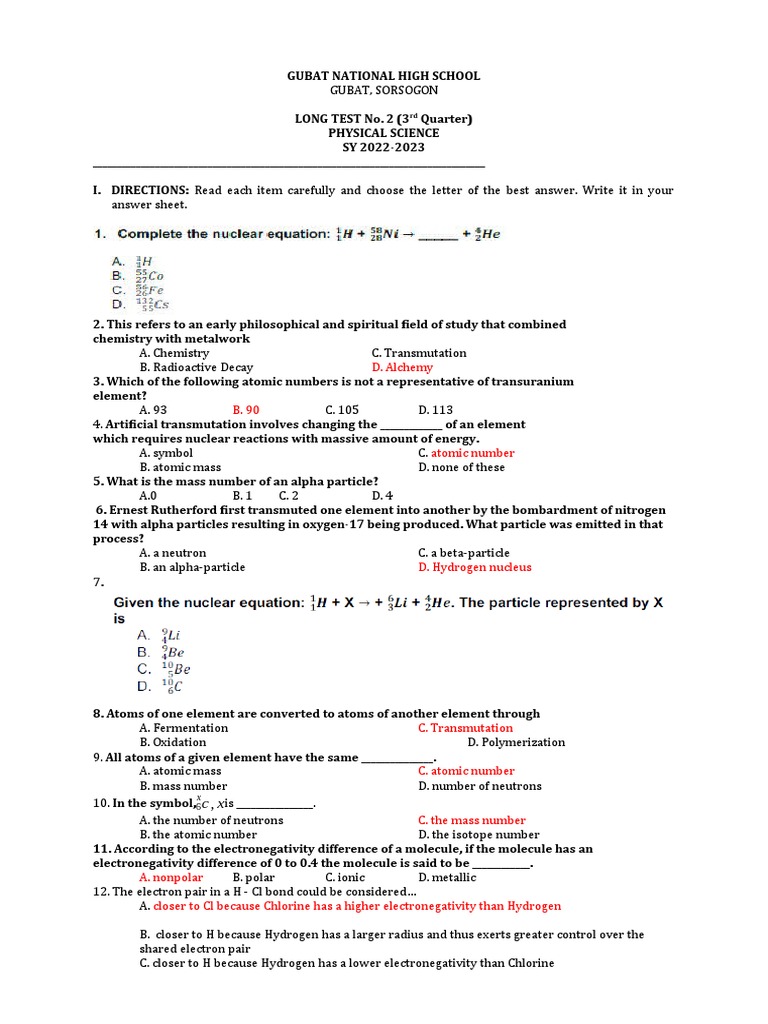 Long Quiz 2 Test (Physical Science) | PDF | Chemical Polarity ...