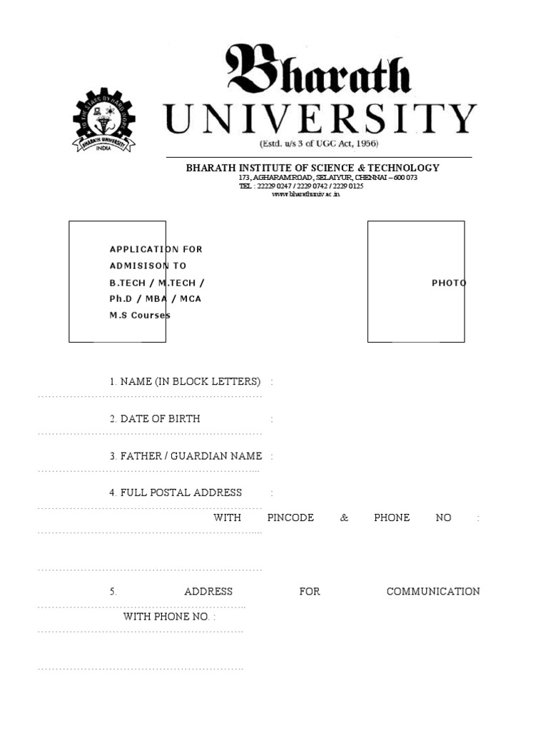 Bharath University Admission Pincode | PDF