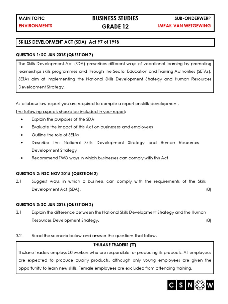 BSTD Gr12 Csnow Activities Legislation Eng | PDF | Occupational Safety And Health | Employment