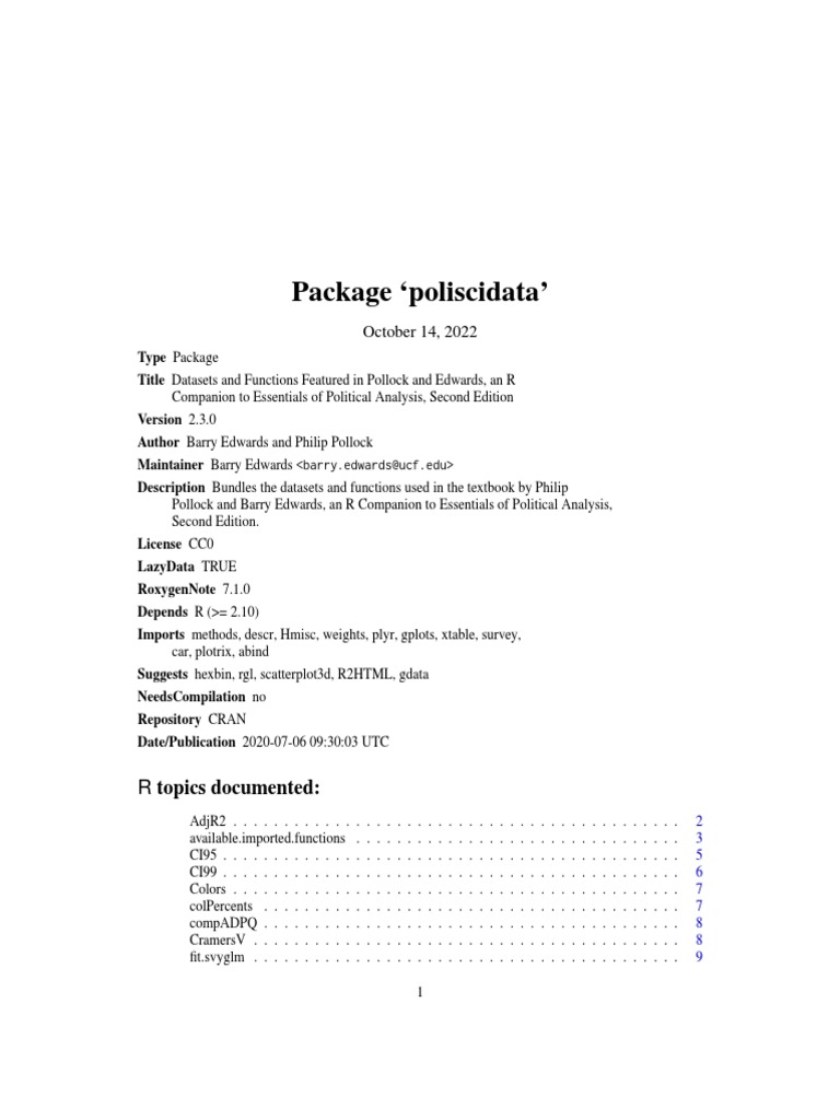 Package Poliscidata': R Topics Documented | PDF | Coefficient Of Determination | Statistics