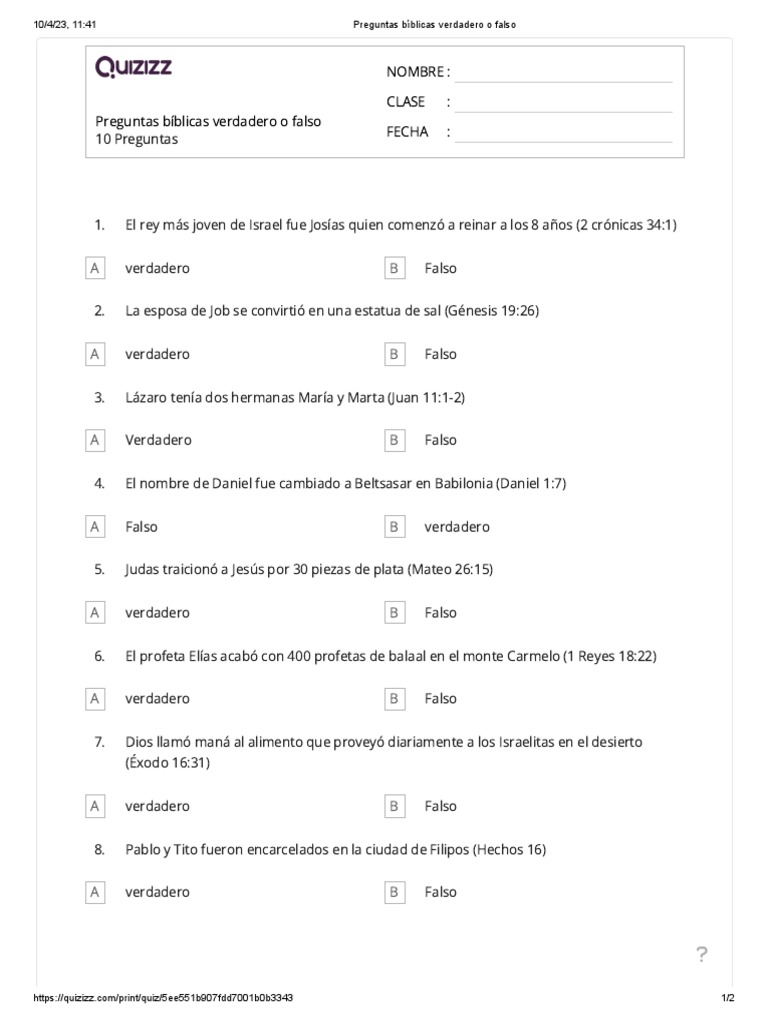 Preguntas Bíblicas Verdadero o Falso | PDF | Contenido bíblico | El ...
