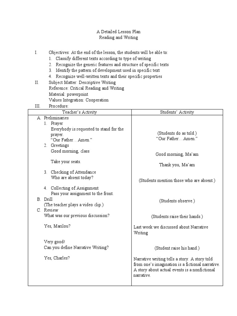 DescriptiveA Detailed Lesson Plan in Reading and Writing SHS 11 | PDF ...