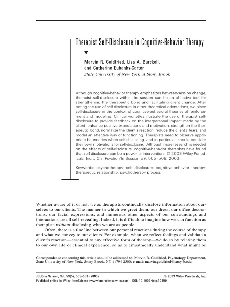Self-Disclosure in CBT | PDF | Psychotherapy | Cognitive Behavioral Therapy