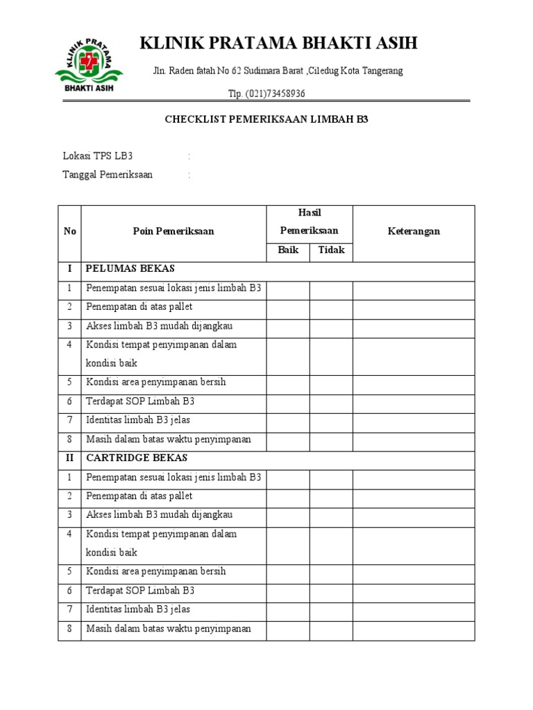 Klinik Pratama Bhakti Asih: Checklist Pemeriksaan Limbah B3 | PDF