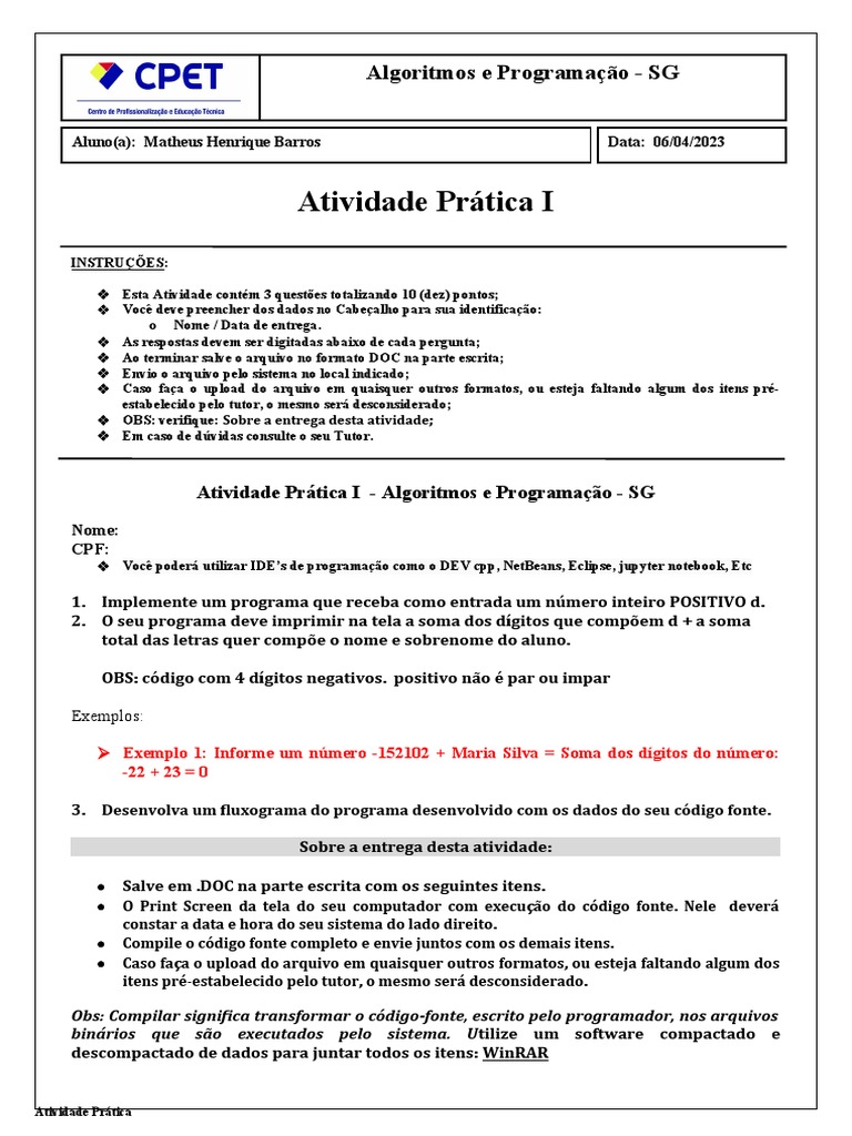 Atividade Prática Pdf Código Fonte Programa De Computador