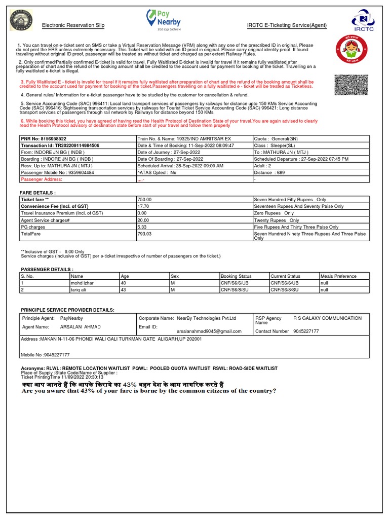 Electronic Reservation Slip IRCTC E-Ticketing Service (Agent) | PDF ...