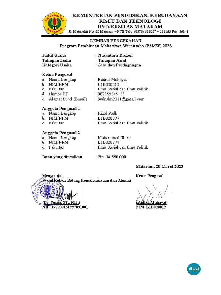 Lembar Pengesahan Proposal P2MW 2023 - Badrul Muhayat - L1B020012 ...