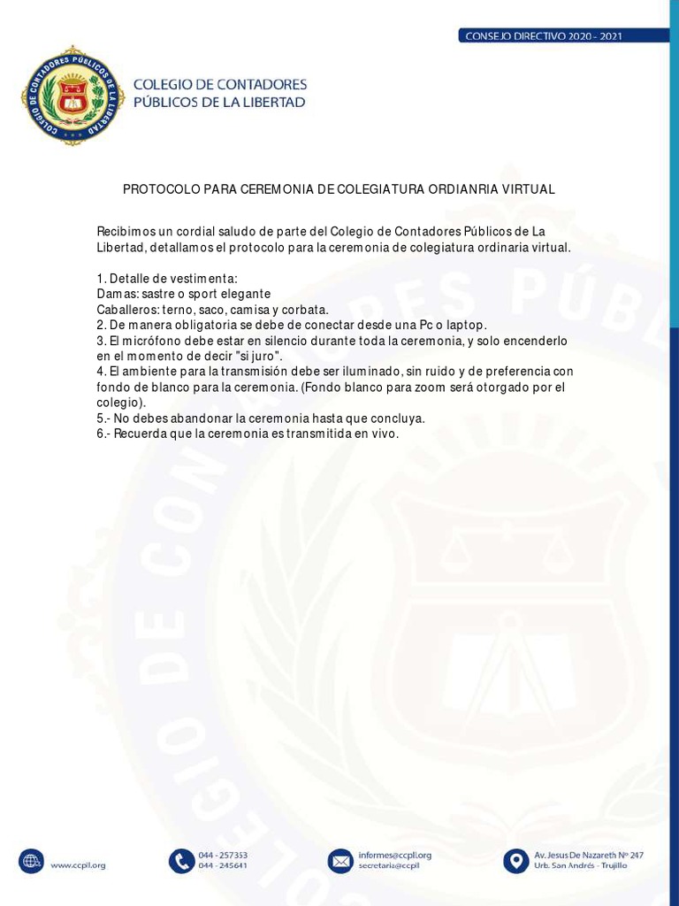 Protocolo de Ceremonia para Colegiatura Ordinaria Virtual | PDF Protocolo de Ceremonia para Colegiatura Ordinaria Virtual | PDF