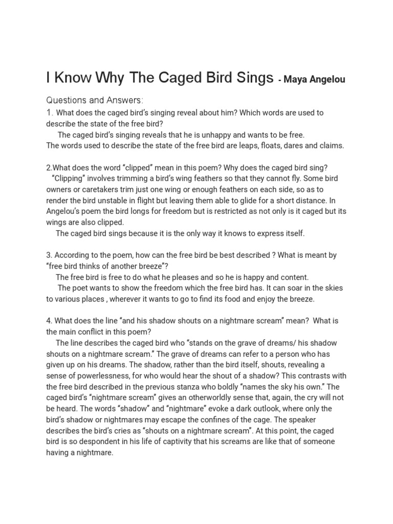 I Know Why The Caged Bird Sings: Questions and Answers: 1 | PDF