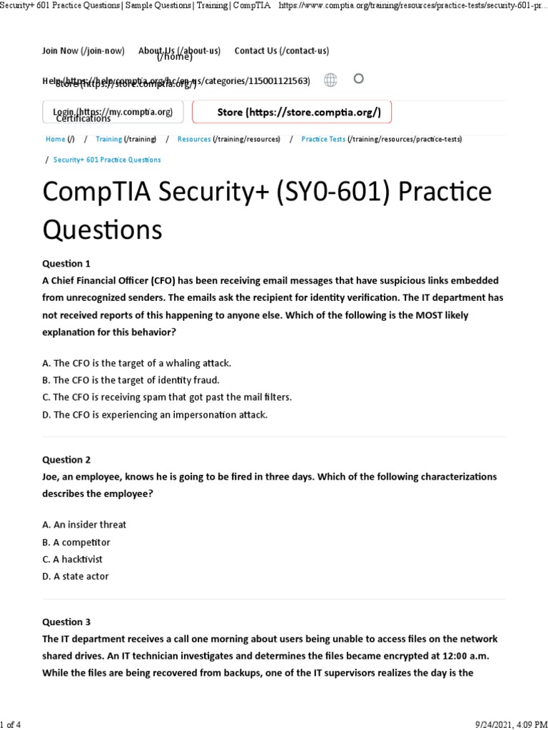 Security+ 601 Practice Questions Sample Questions Training CompTIA ...