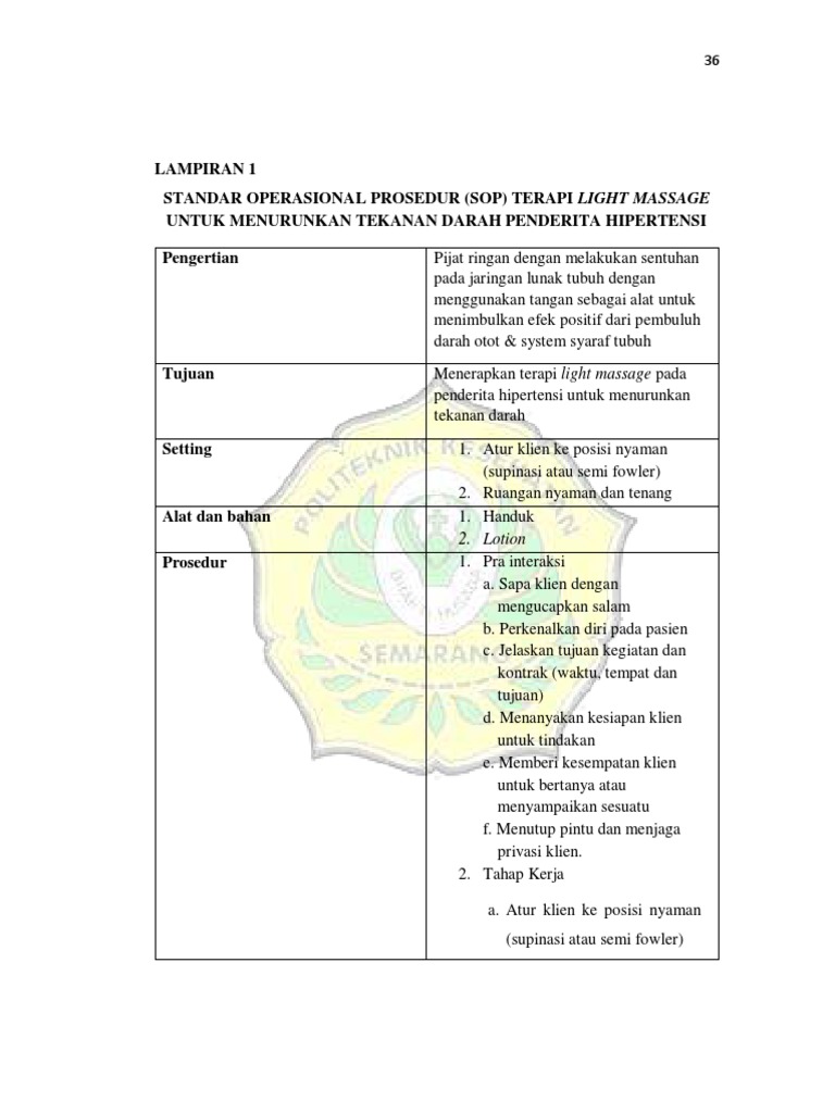 Lampiran 1 Standar Operasional Prosedur (Sop) Terapi Light Massage ...