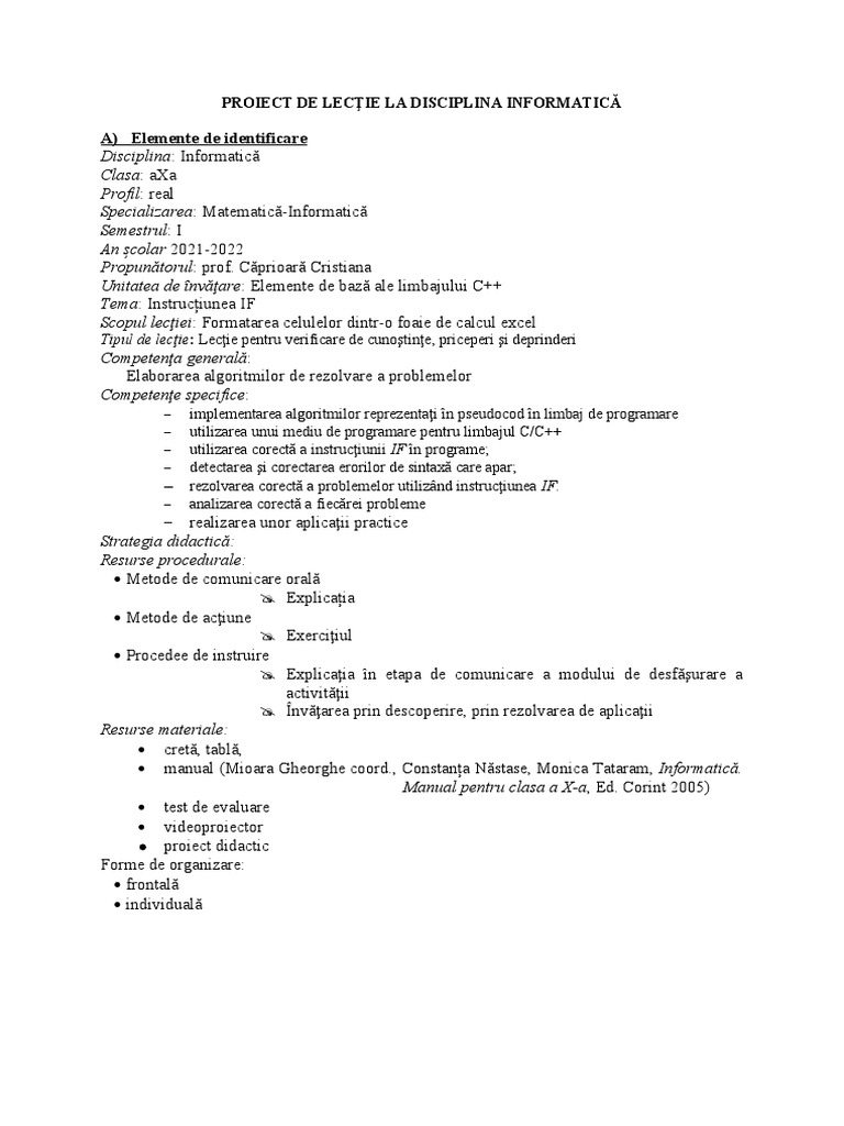 Proiect de Lectie Instructiunea If | PDF