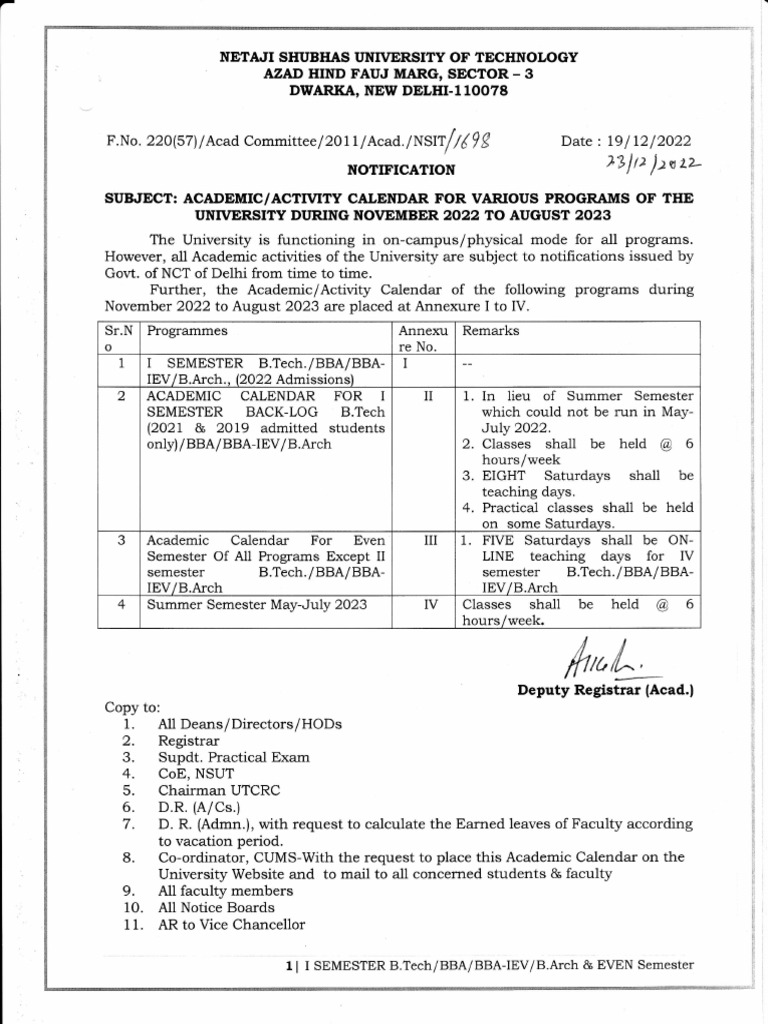 NSIT Academic Calendar 2022-2023 | PDF | Academic Term | Schools