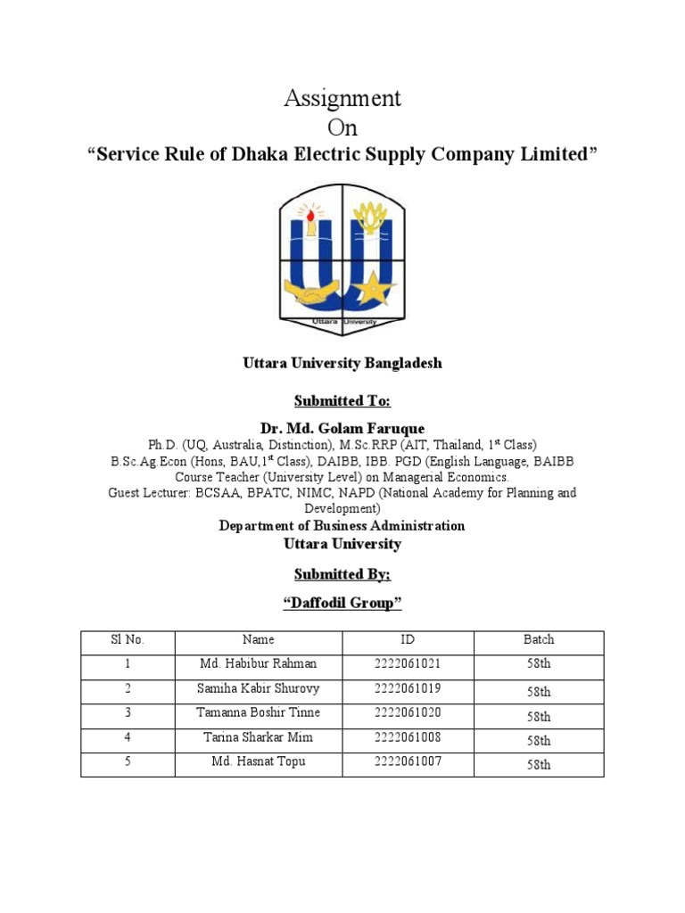 Assignment On: "Service Rule of Dhaka Electric Supply Company Limited" | PDF | Cost Of Living ...