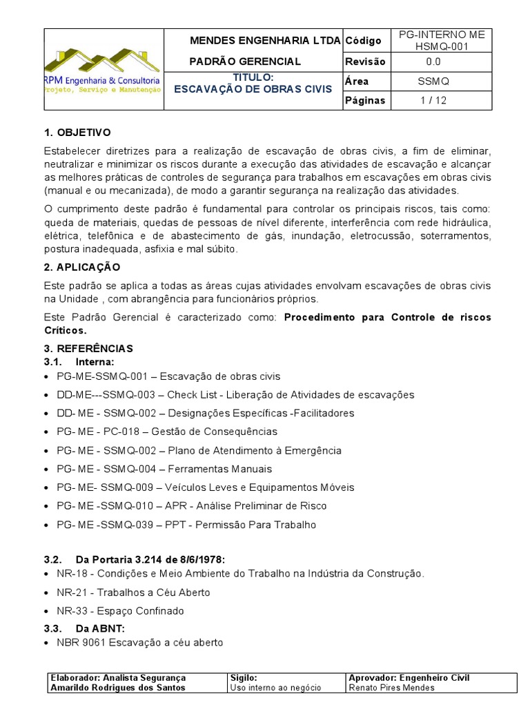 Procedimento Operacional de Escavaçao | PDF | Engenharia | Engenharia Civil