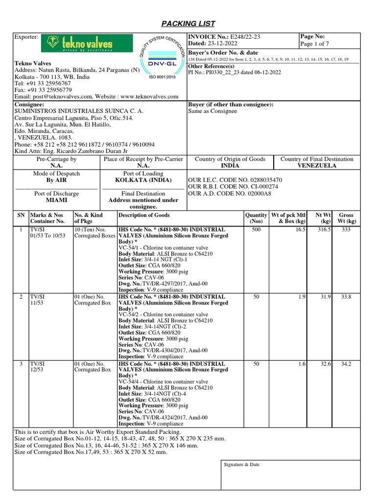 Packin List | Download Free PDF | Valve | Equipment