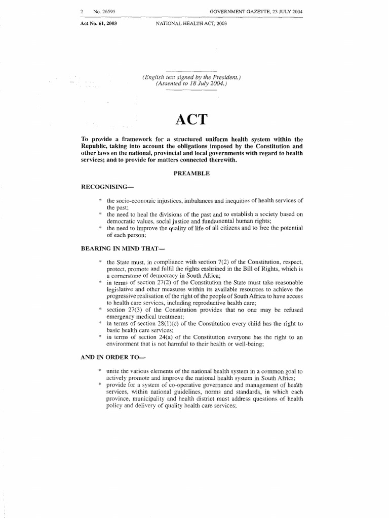 National Health Act No. 61 of 2003 | PDF | Health Professional | Health ...