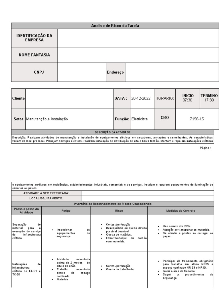Inventário de riscos ocupacionais para eletricista | PDF | Eletricista ...