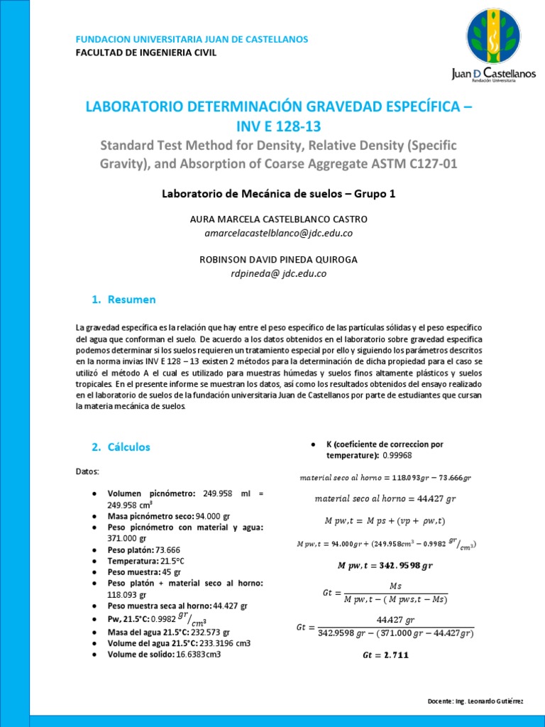 Laboratorio 3-Determinación-Gravedad-Específica | PDF | Mecánica de ...