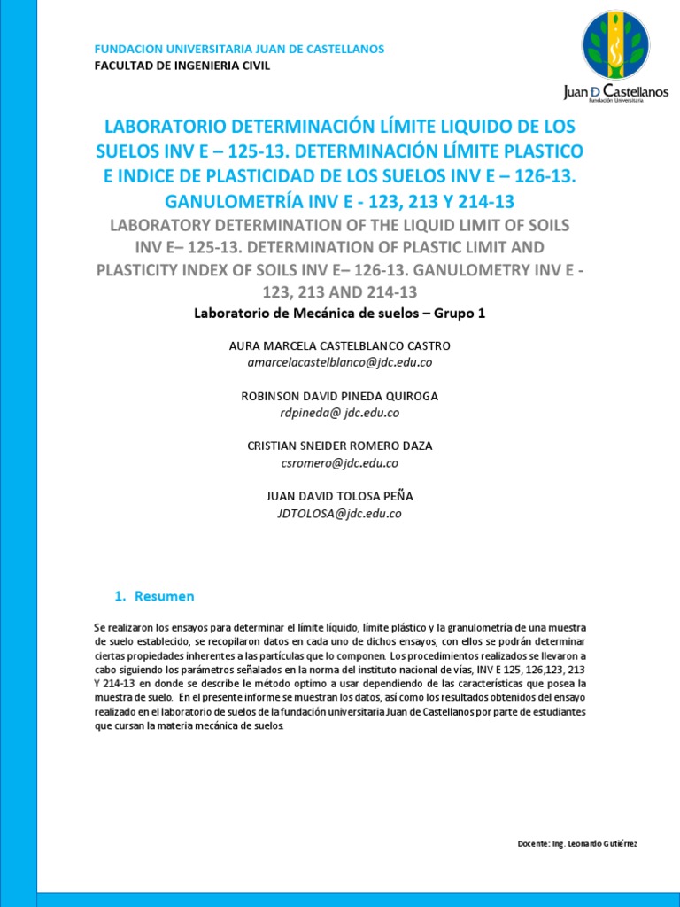 Laboratorio 4 - Determinación Límite Liquido de Los Suelos Inv | PDF | Ciencias fisicas ...