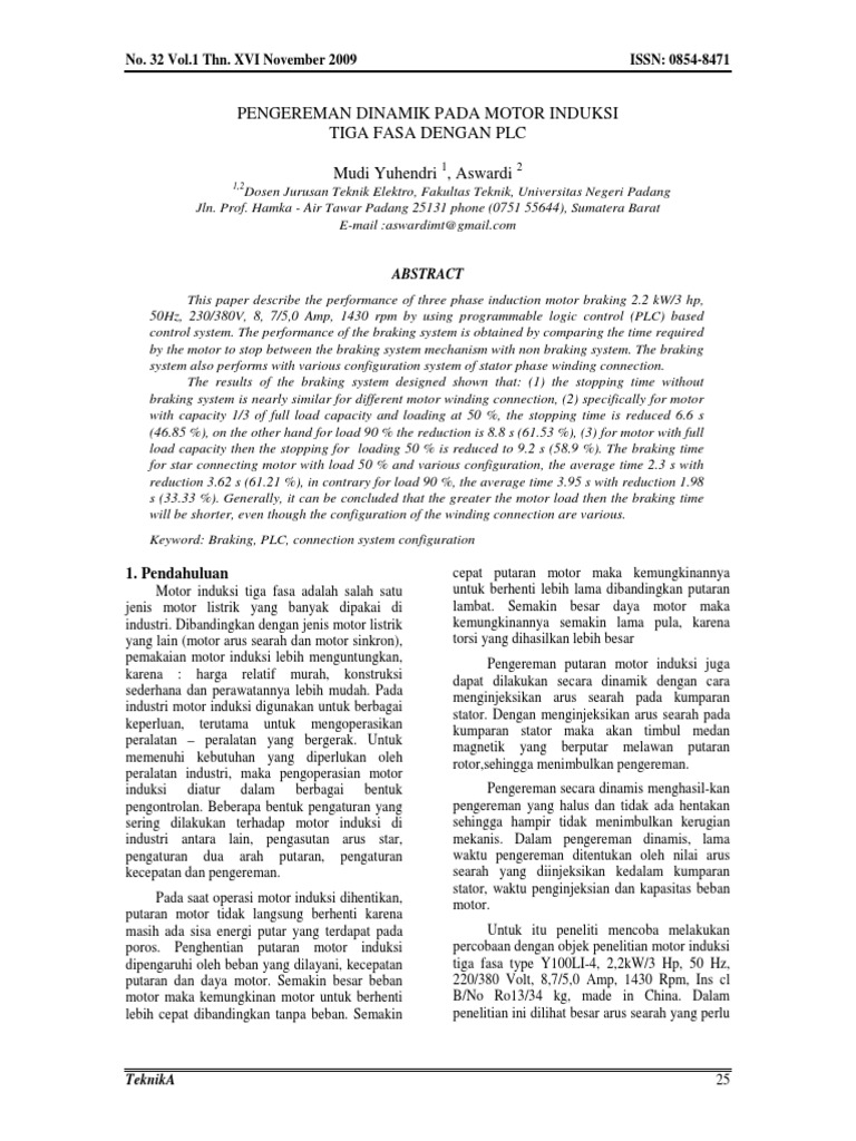 Pengereman Dinamik Pada Motor Induksi Tiga Fasa Dengan PLC Mudi Yuhendri, Aswardi | PDF