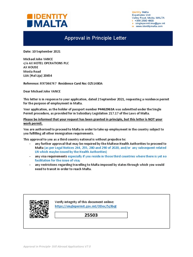 An Approval in Principle Letter Granting Residence in Malta for ...