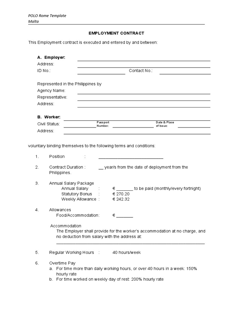 Employment Contract: POLO Rome Template Malta | Download Free PDF ...
