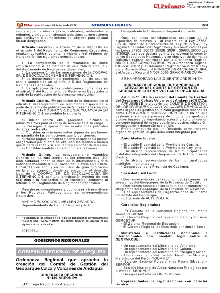 Ordenanza Regional Que Aprueba La Creacion Del Comite de Ges Ordenanza No 480 Arequipa 2079543 1 ...