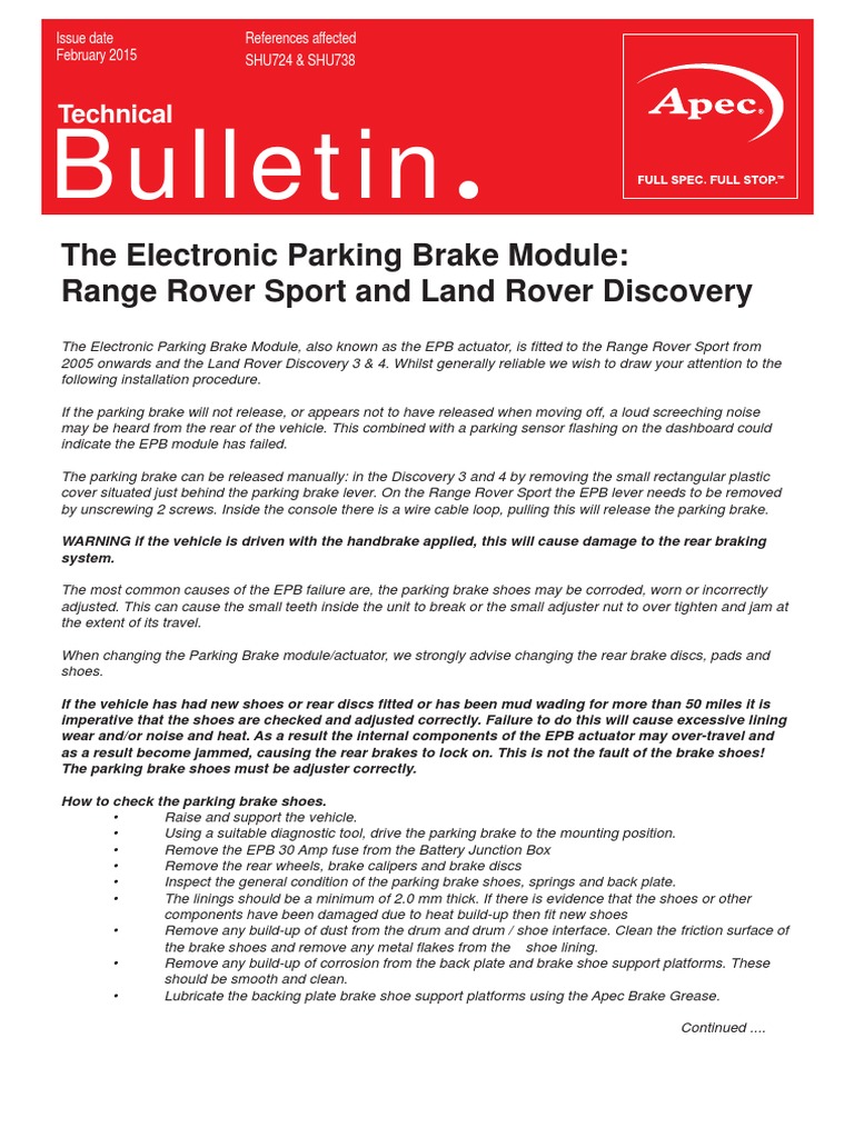 Bulletin: The Electronic Parking Brake Module: Range Rover Sport and ...