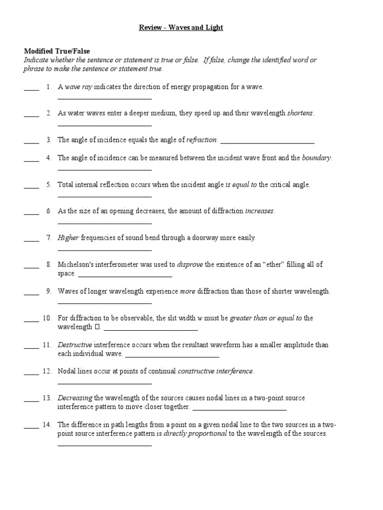6b Waves and Light Review Worksheet | PDF | Wavelength | Light