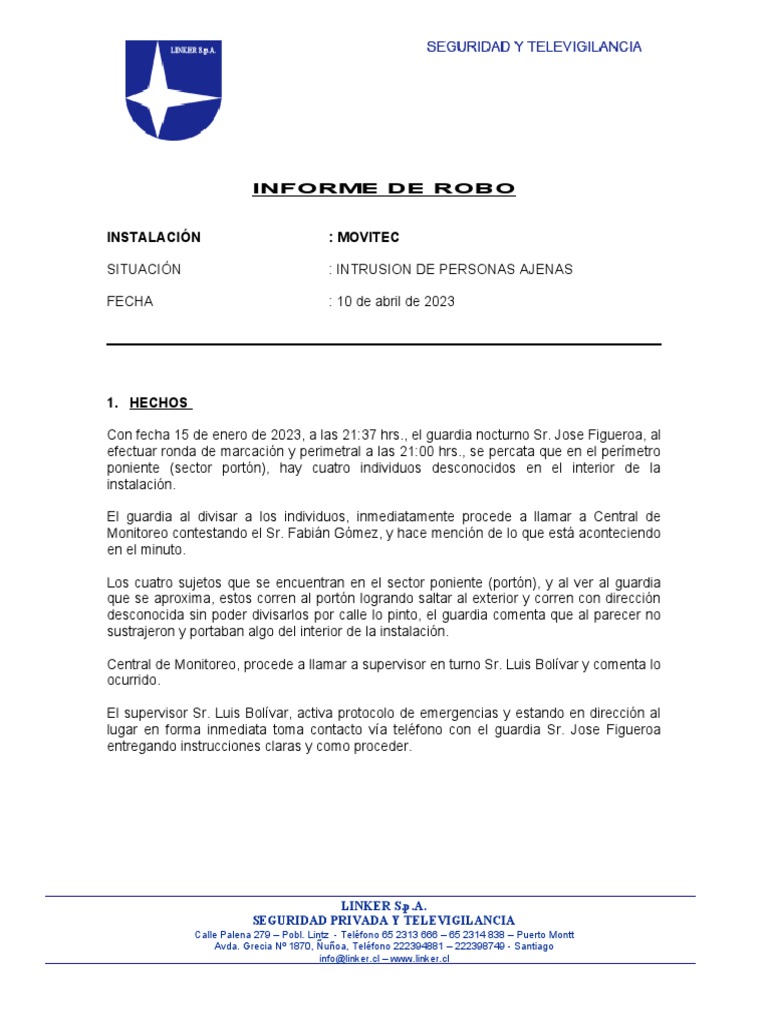 Informe de Robo Instalación: Movitec: Linker S.P.A. Seguridad Privada Y ...