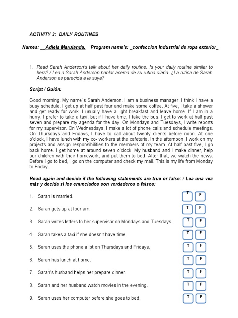 Activity 3 Daily Routines | PDF | Grammar | Syntax