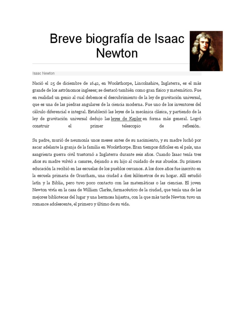 Breve Biografía de Isaac Newton | PDF | Isaac Newton | Galileo Galilei
