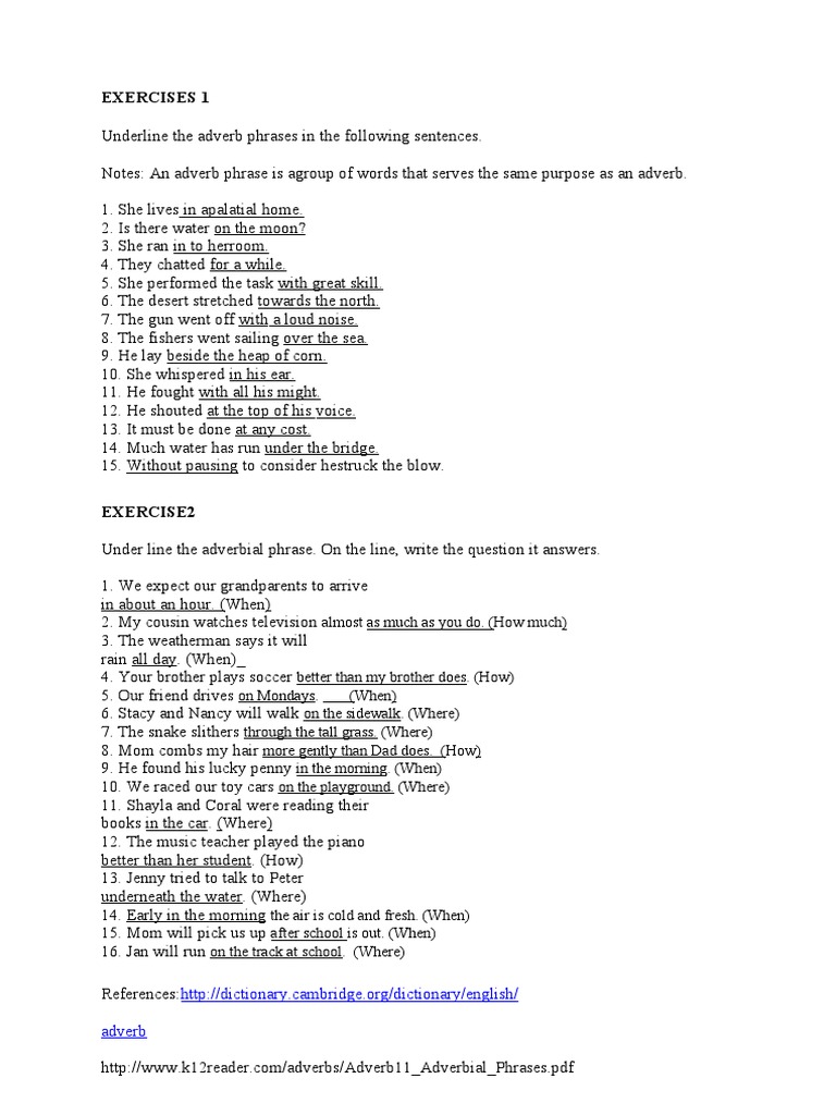 Adverbial Phrase Exercises with Answers | PDF