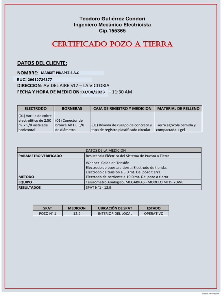 CERTIFICADO POZO A TIERRA Ing. Teodoro Gutierrez Condori | PDF
