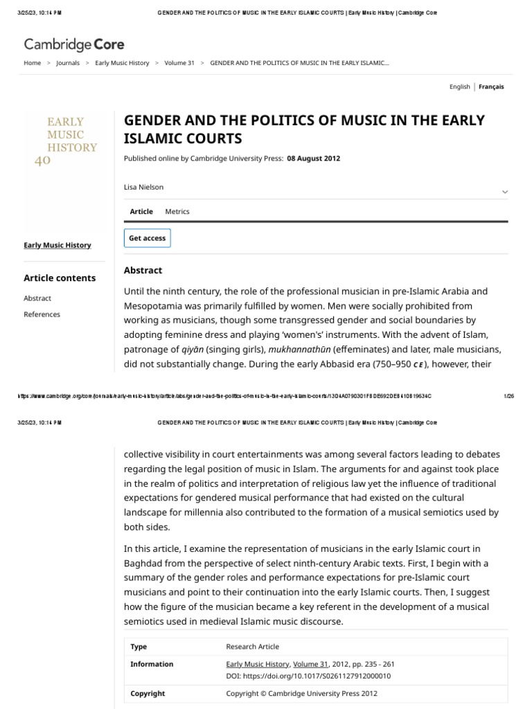 GENDER AND THE POLITICS OF MUSIC IN THE EARLY ISLAMIC COURTS - Early ...